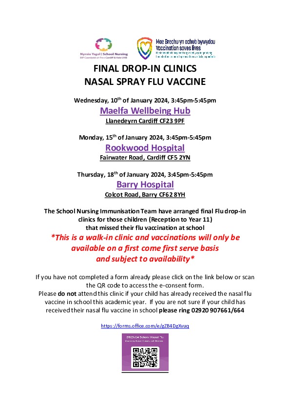 Nasal Flu Vaccination Walk In Session - January 2024 - News - Ysgol ...