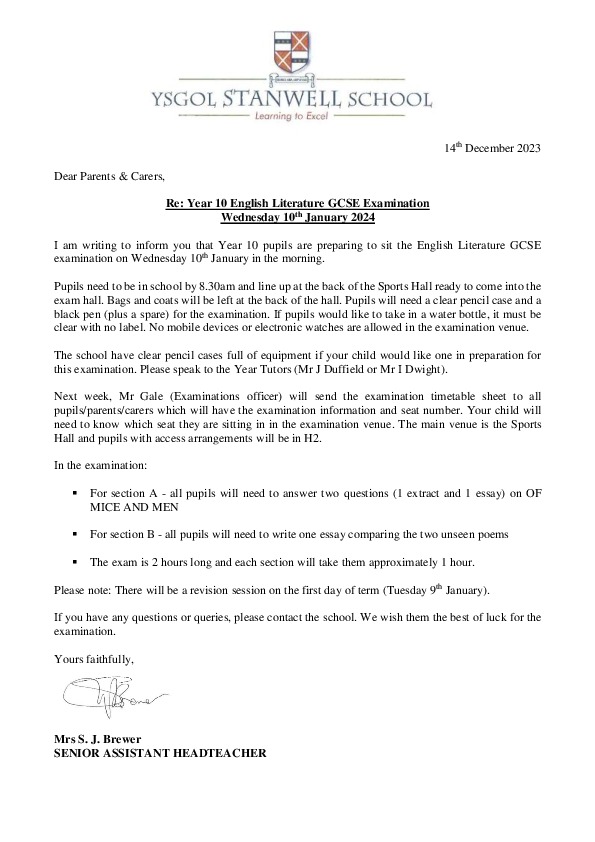 Year 10 English Literature GCSE Examination January 2024 - News - Ysgol ...